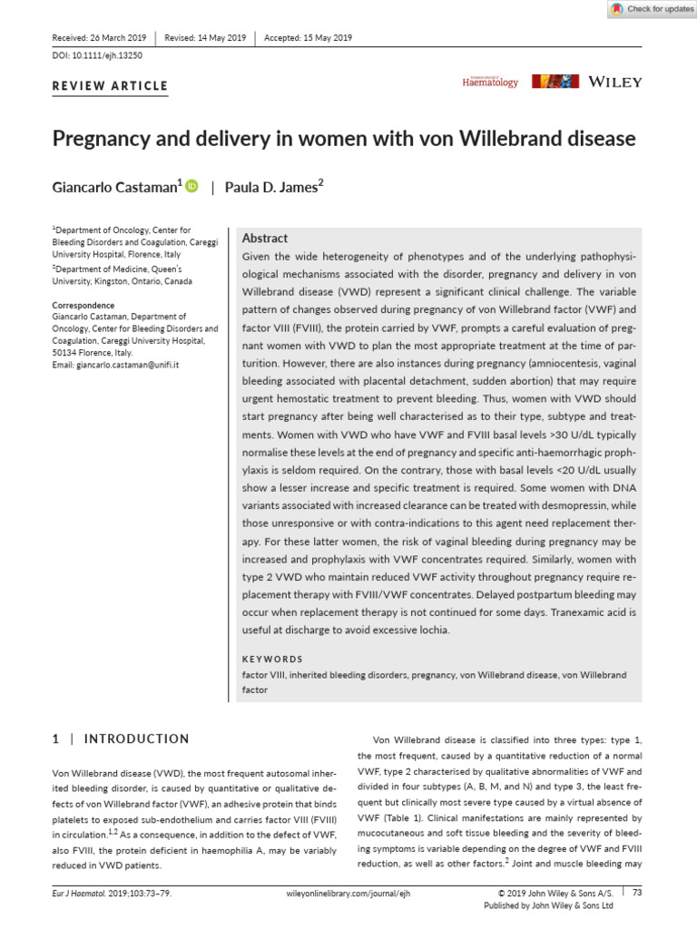 European J of Haematology - 2019 - Castaman - Pregnancy and Delivery in ...