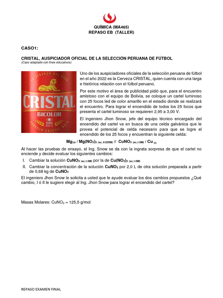MA465 - S14 - TALLER 13 QUIMICA - ExFinal PDF | PDF | Electroquímica | Electricidad
