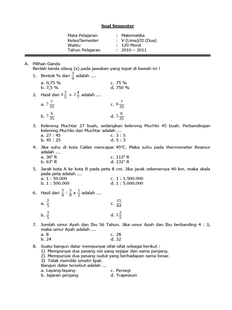 Soal Semester II (Matematika) Kelas I - V | PDF | Metode & Bahan Ajar