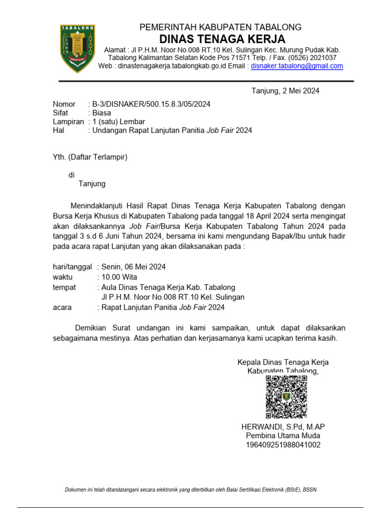Undangan Rapat Job Fair 2024 Tabalong | PDF