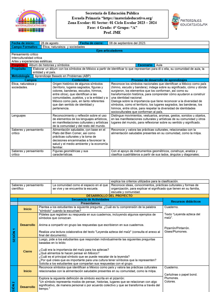 #3 Planeación 4to Grado Álbum de Historias y Símbolos | PDF | Los ...