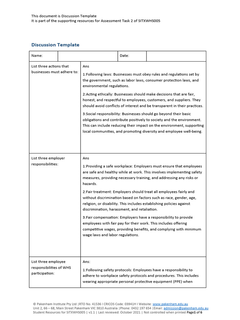 Discussion Template | PDF | Employment | Occupational Safety And Health
