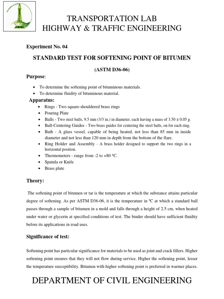 Exp 04 Softning Point of Bitumen | PDF | Temperature | Thermometer