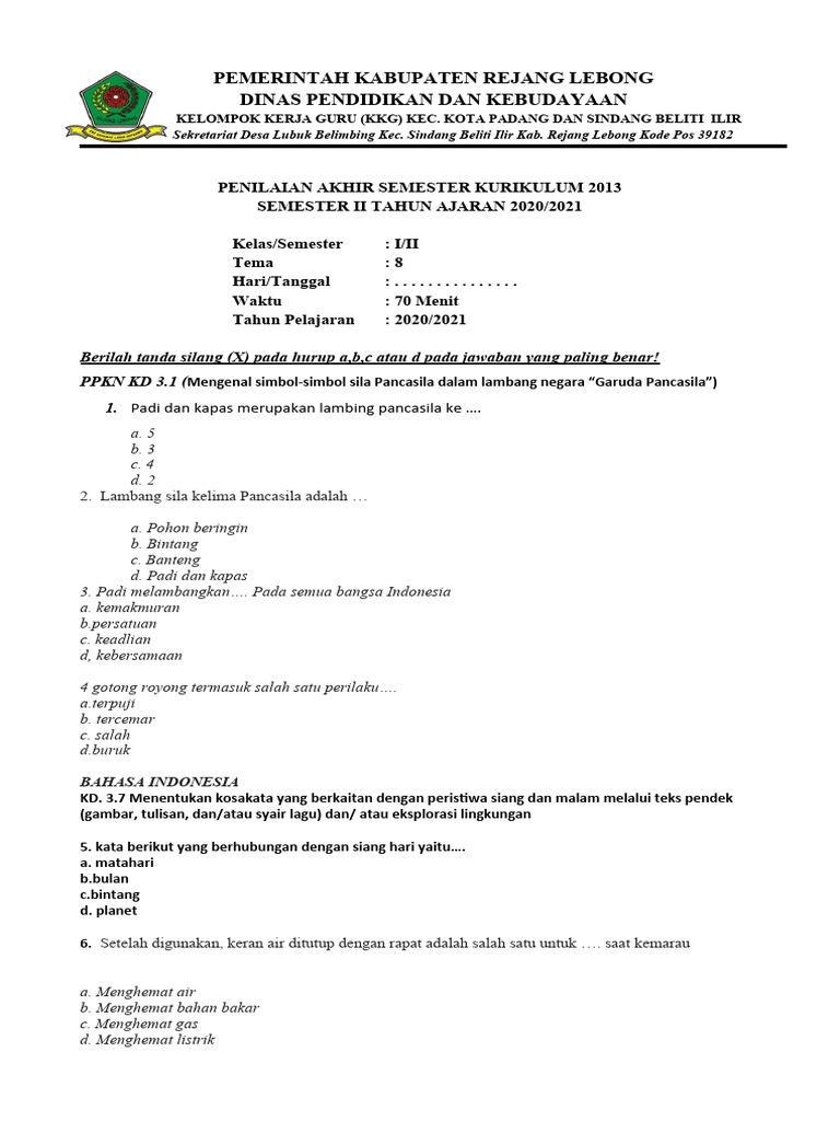 Soal Dan Kunci Jawaban Pas Kelas 1 Tema 8 | PDF