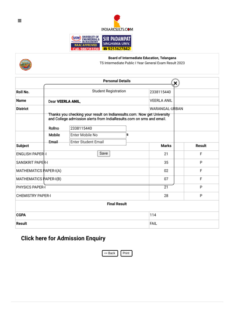 Bie-Telangana - TS Intermediate Public I Year General Exam Result 2023 ...