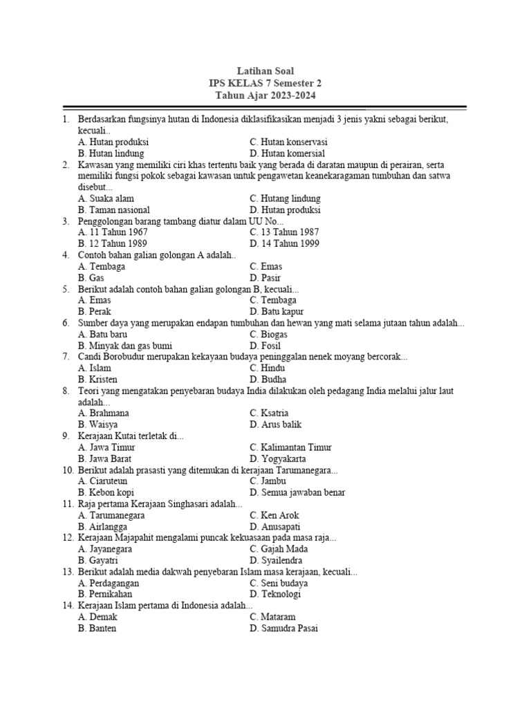 Latihan Soal IPS Kelas 7 Sem.2 | PDF Latihan Soal IPS Kelas 7 Sem.2 | PDF