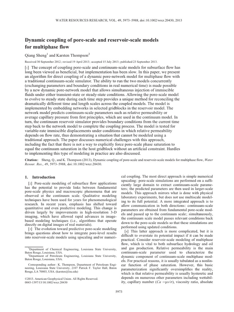 Water Resources Research - 2013 - Sheng - Dynamic Coupling of Pore Scale and Reservoir Scale ...