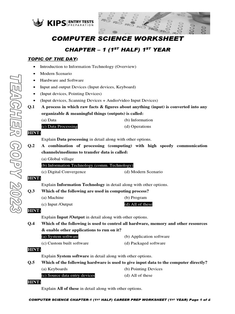 CH-1 Worksheet-1 (1st Half) 2023 (Final) | PDF | Input/Output | Image Scanner