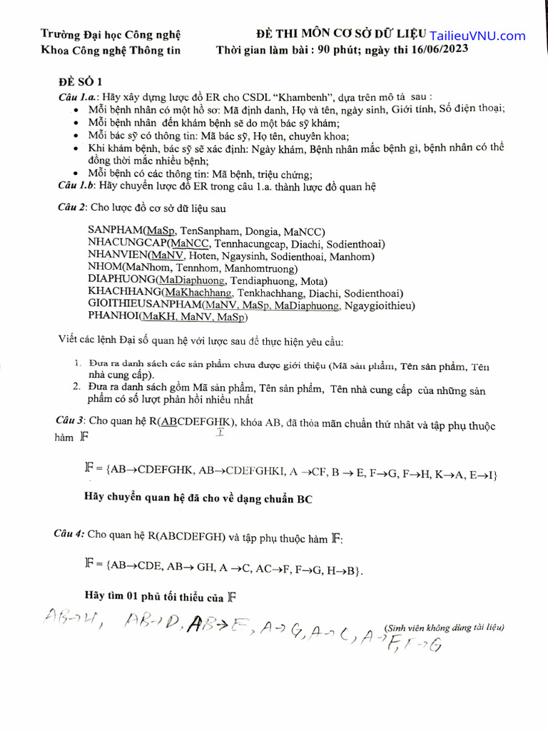 Đề thi Cơ sở dữ liệu đề số 1 kỳ 2 năm học 2022-2023 - UET | PDF