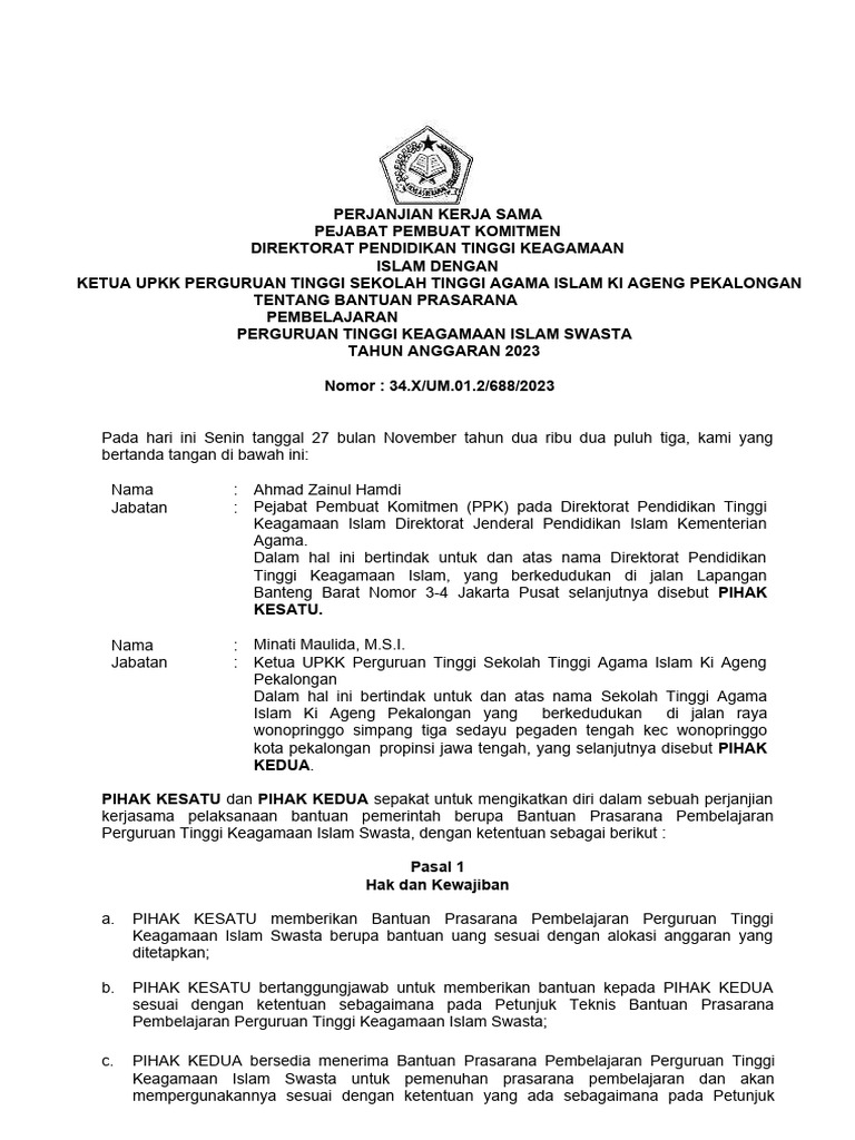 Perjanjian Bantuan Prasarana PTKI 2023 | PDF