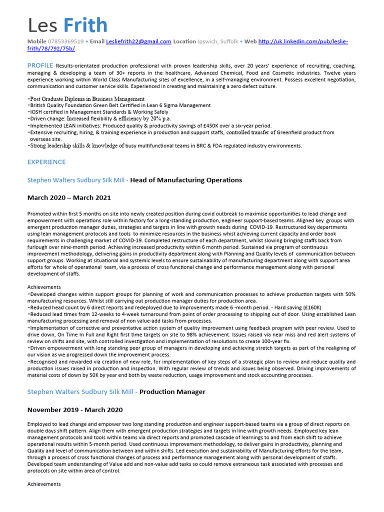 Les Frith Dynamic CV March 2021 | PDF | Lean Manufacturing | Empowerment