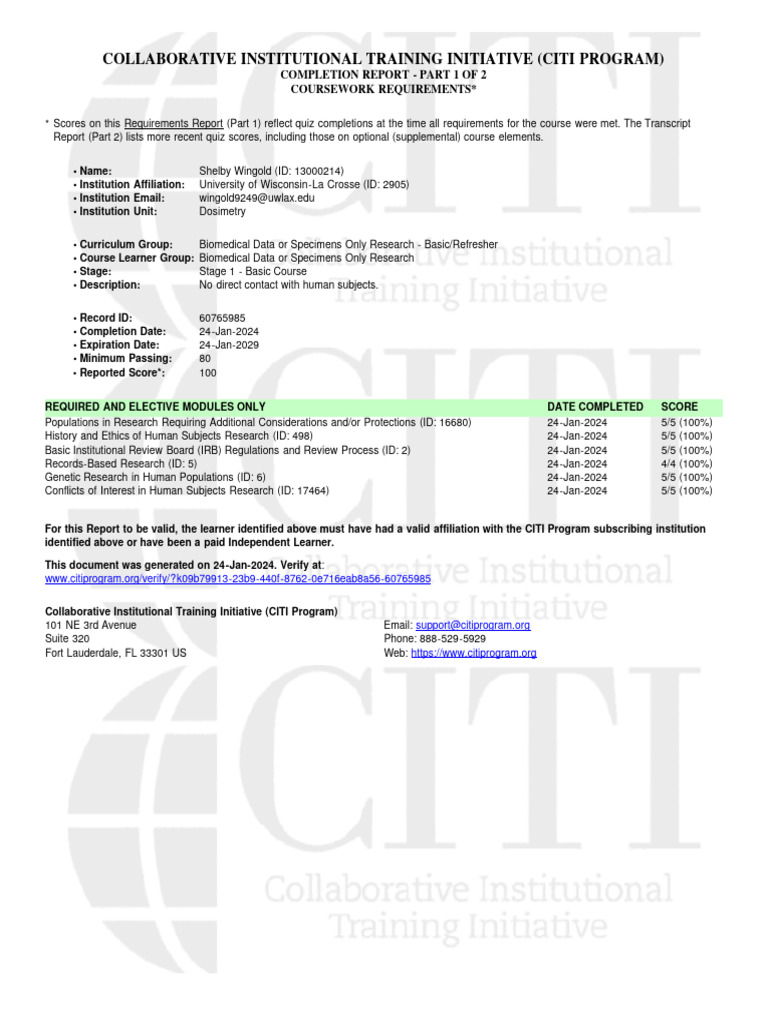 Citi Program Completion Report 1 Swingold | PDF | Institutional Review ...