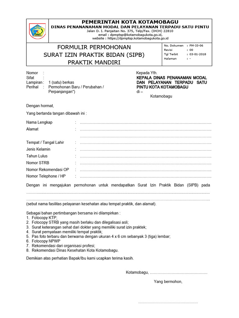 Formulir Izin Praktik Bidan Praktik Mandiri | PDF