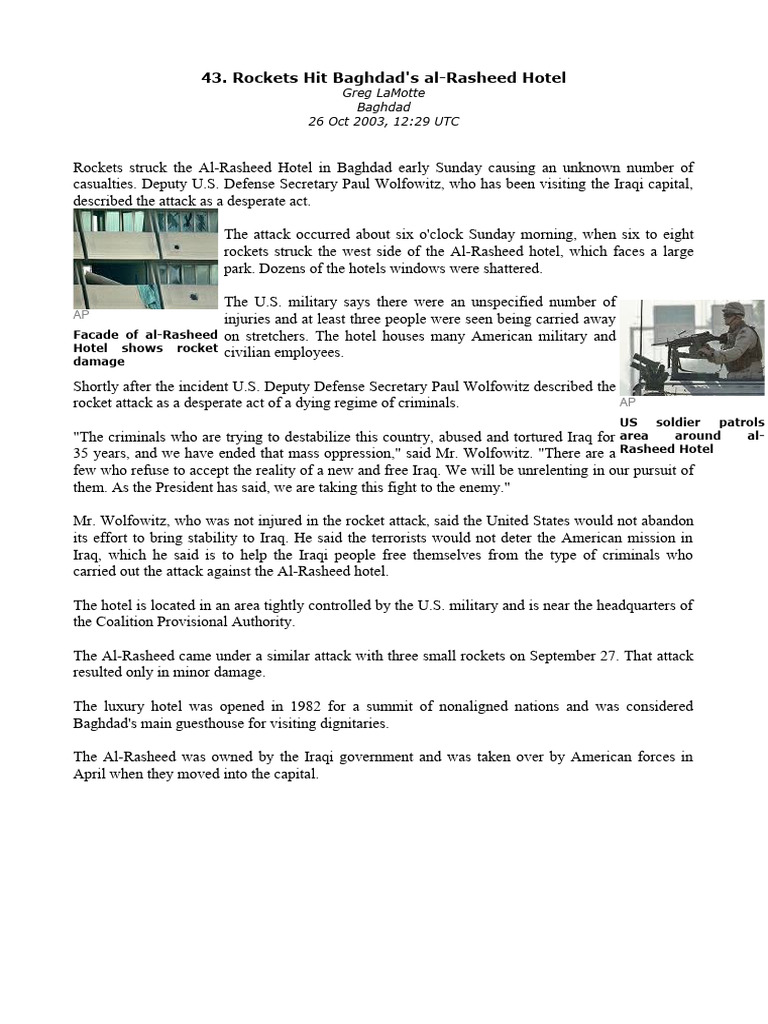 Baghdad's Al-Rasheed Hotel Rocket Attack | PDF | Paul Wolfowitz ...