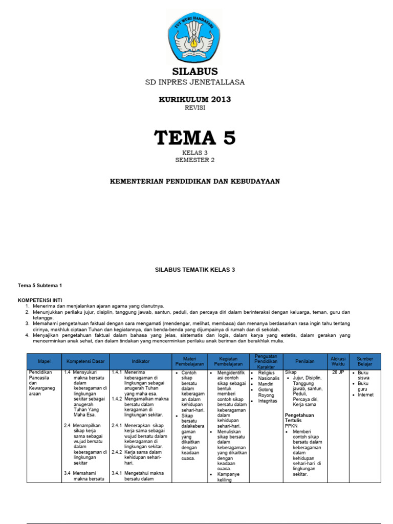 Silabus Tematik Kelas 3 Tema 5 | PDF
