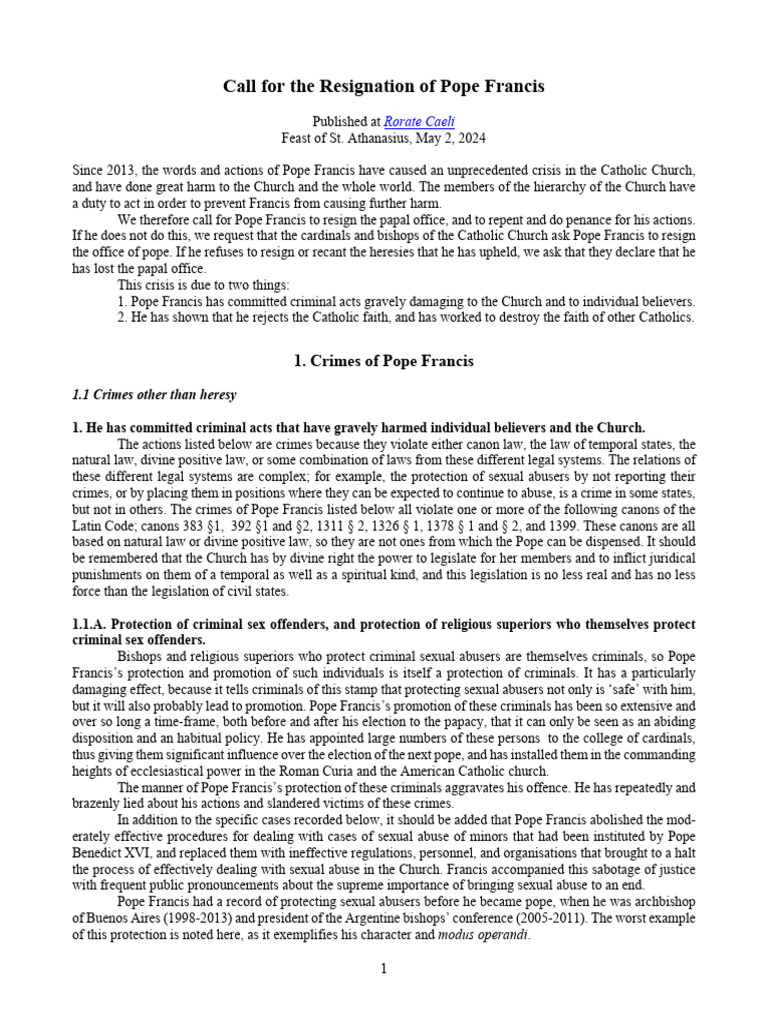 Statement On Pope Francis 5 2 24 Resignation PDF Catholic Church