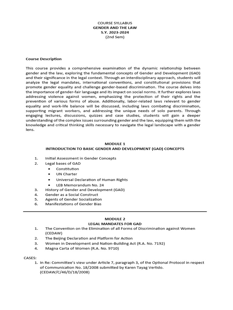 Course Syllabus in Gender Sensitivity | PDF | Gender | Gender Studies
