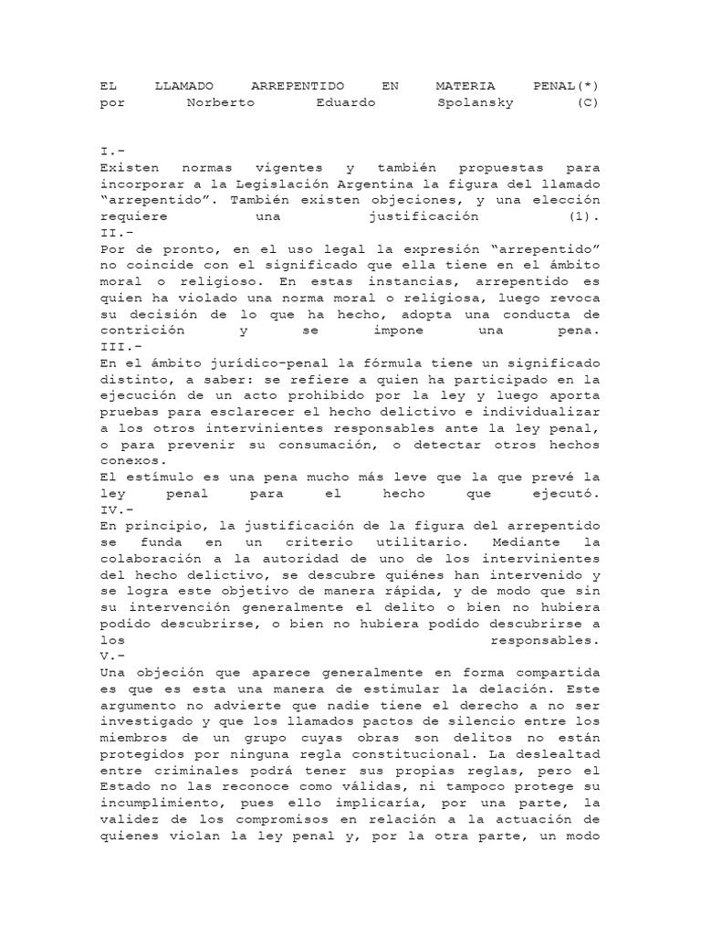 El Llamado Arrepentido en Materia Penal-Spolansky | PDF | Derecho penal ...