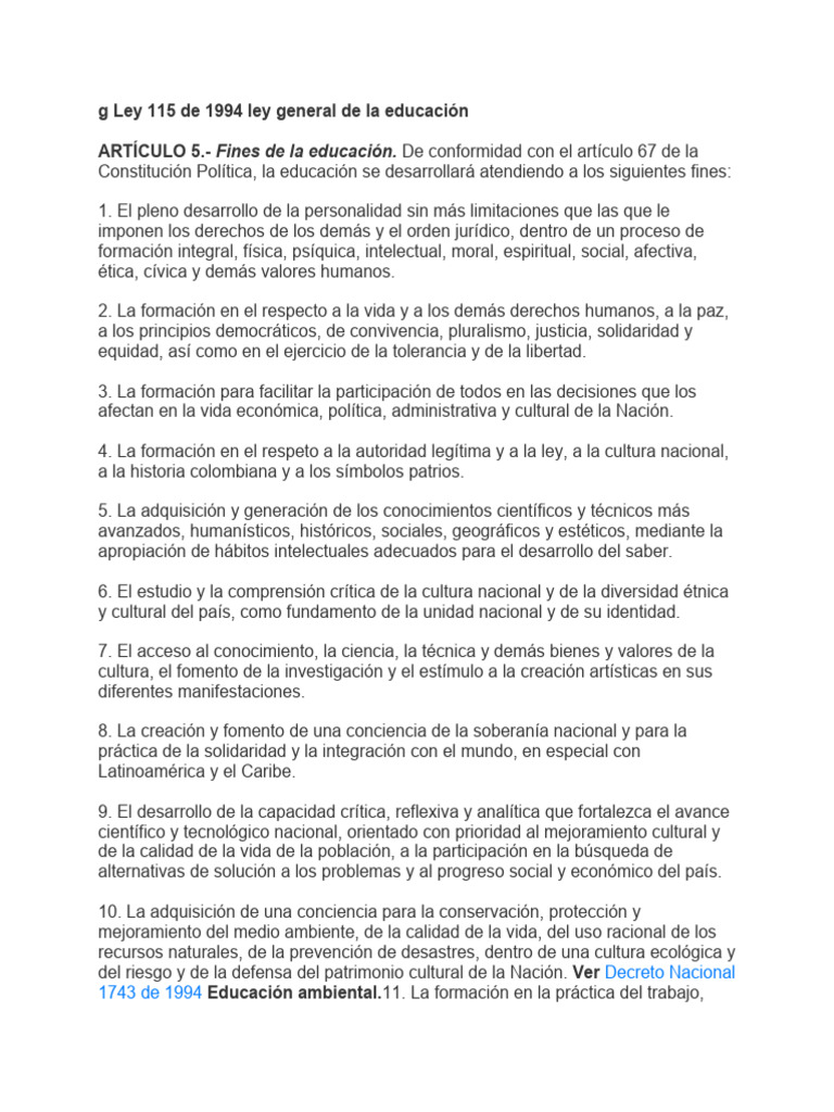 Ley 115 de 1994 Ley General de La Educación (Politicas) | PDF | Educación de la primera infancia ...
