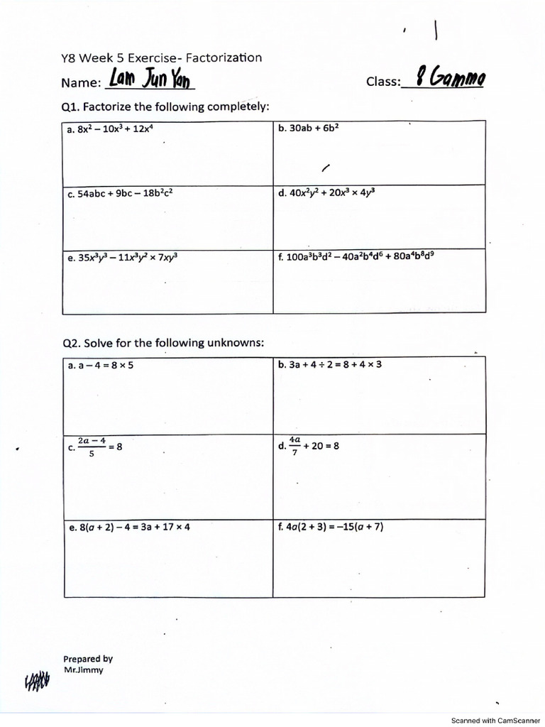 Year 8 - Week 5 Exercise Factorization | PDF Year 8 - Week 5 Exercise Factorization | PDF