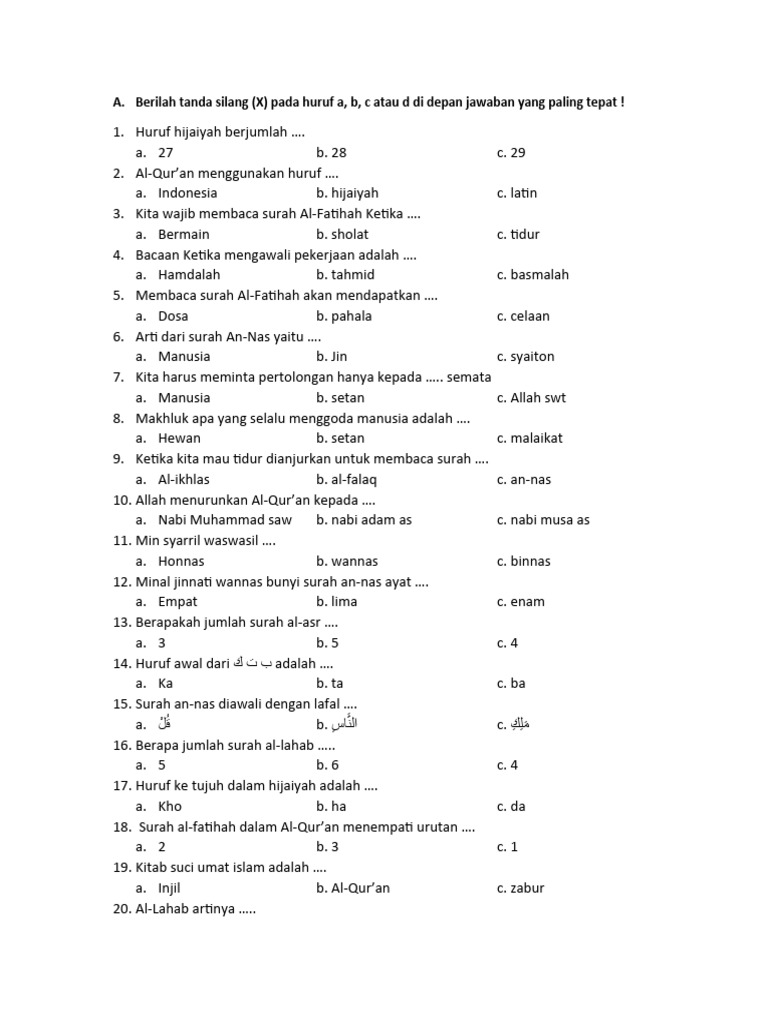 Soal PAT Qur'an Hadist Kelas 1 New | PDF | Seni & Disiplin Bahasa | Puisi