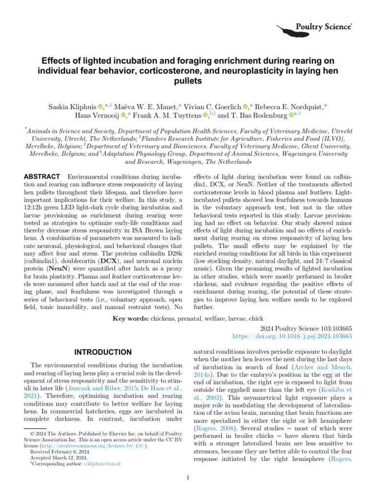 Effects of Lighted Incubation and Foraging Enrichment During Rearing On ...