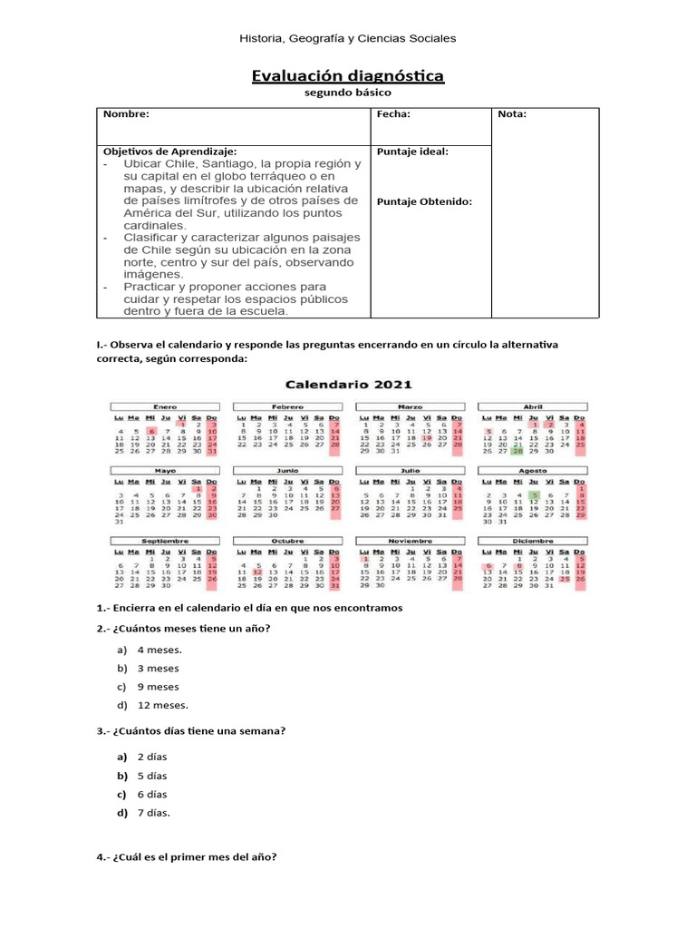 Evaluación Diagnóstica Segundo | PDF | Chile