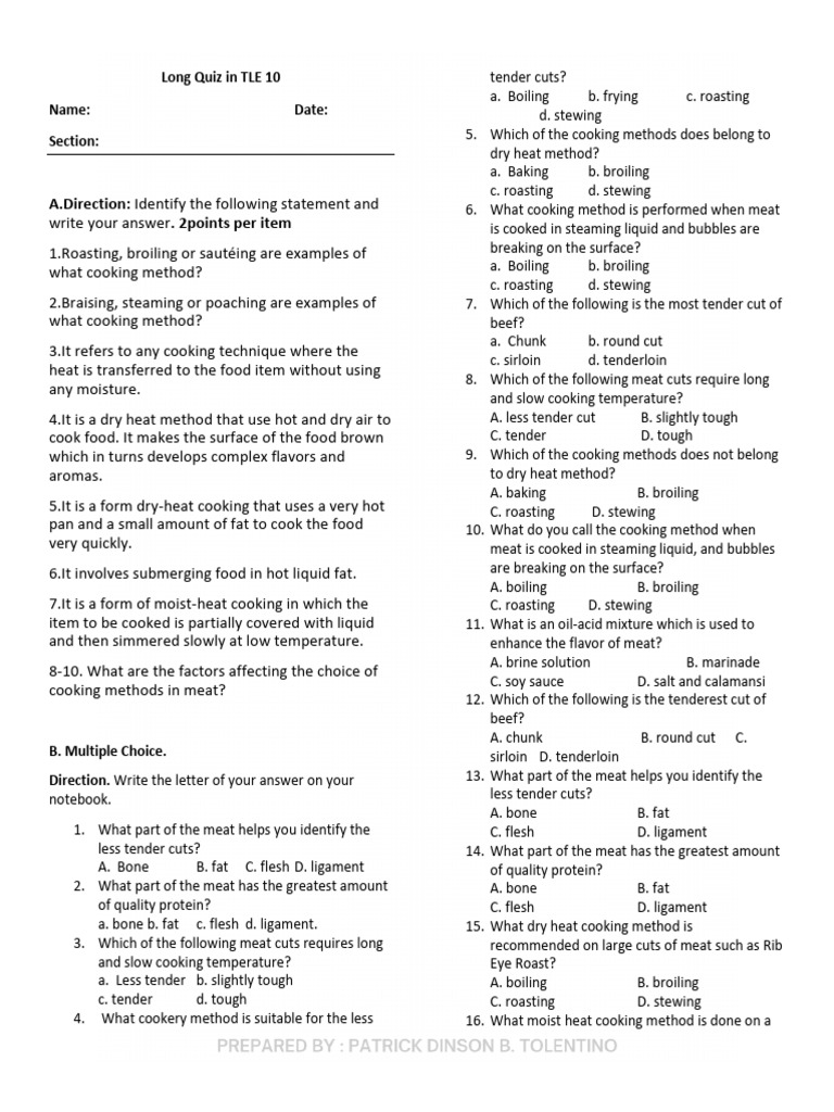Long Quiz Exam Tle | PDF | Cooking | Grilling
