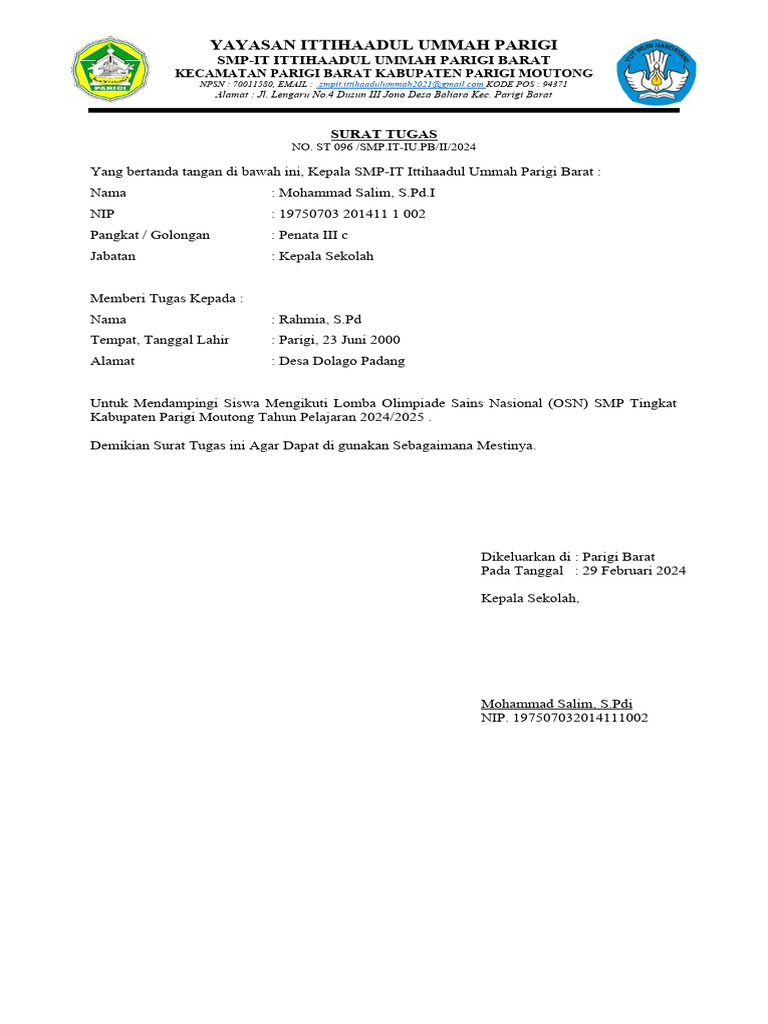 Surat Tugas Pendamping Osn | PDF