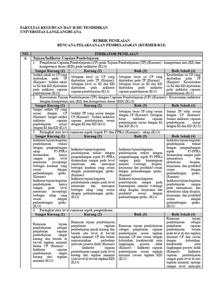 Rubrik Penilaian RPP Pada Ujian Praktek Mengajar Kurmer Dan K13 | PDF