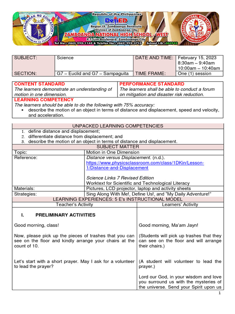 Descriptors of Motion Distance and Displacement Lesson Plan | PDF ...