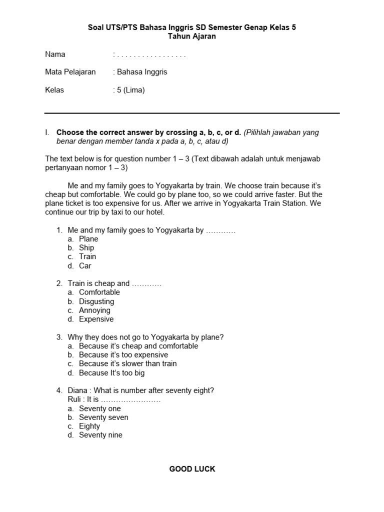 Soal Uts Bahasa Inggris Kelas 5 | PDF | Health Care