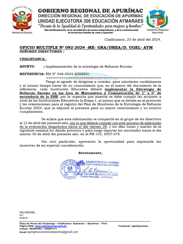 Oficio Multiple #092-2024 - Me - Gradread. Ugel - Aym | PDF | Crecimiento personal y profesional ...