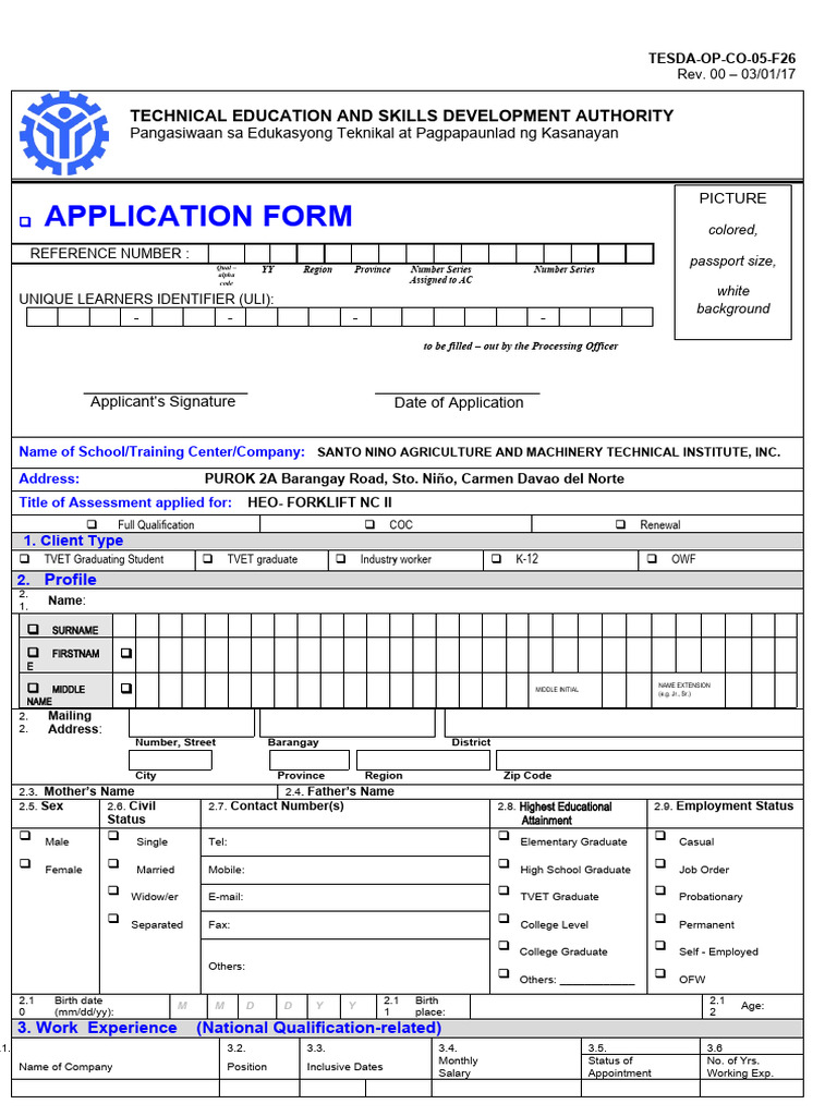 ULI Application Form for Forklift NC II | PDF