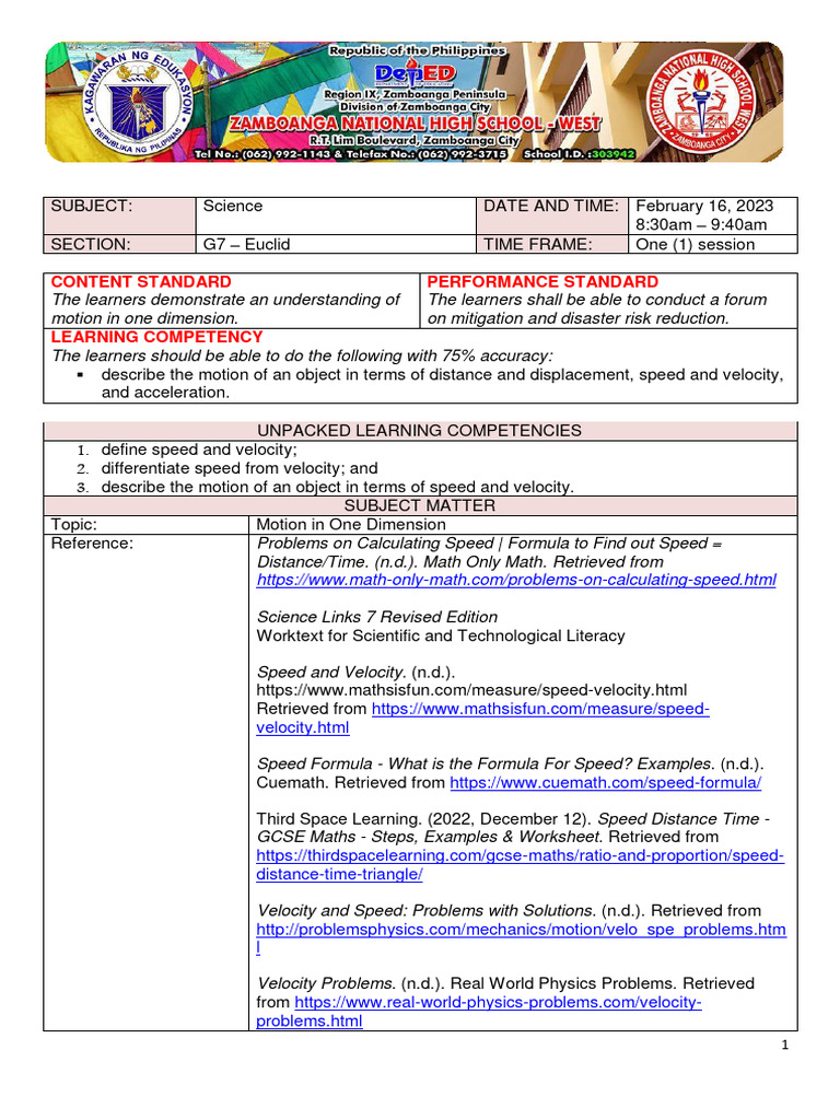 Descriptors of Motion Speed and Velocity Lesson Plan Grade 7 | PDF ...