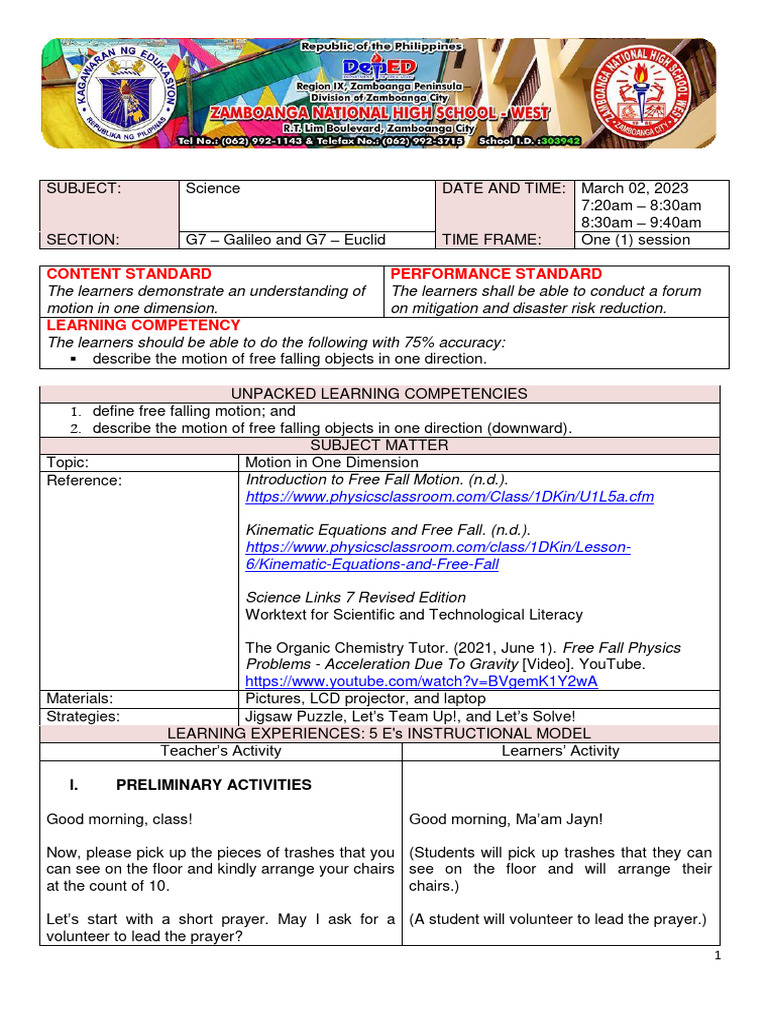 Free Fall Motion in One Direction Lesson Plan | PDF | Gravity | Kinematics