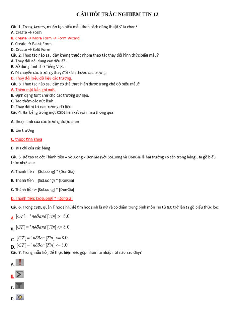 Cau Hoi Trac Nghiem Tin 12 | PDF