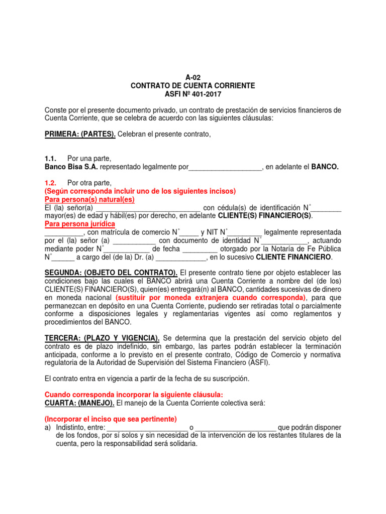 MODELO CONTRATO APERTURA DE CUENTA CORRIENTE BANCO PRODEM | PDF ...
