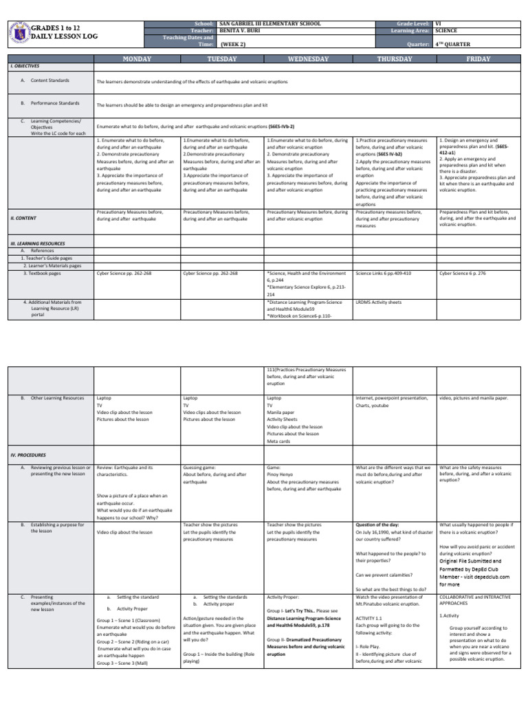 DLL - Science 6 - Q4 - W2 | PDF | Volcano | Volcanic Ash
