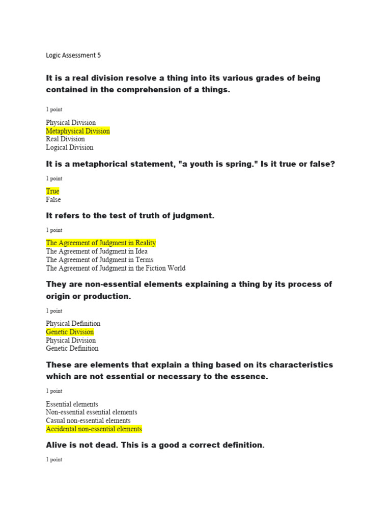 Logic Assessment 5 | PDF | Definition | Logic