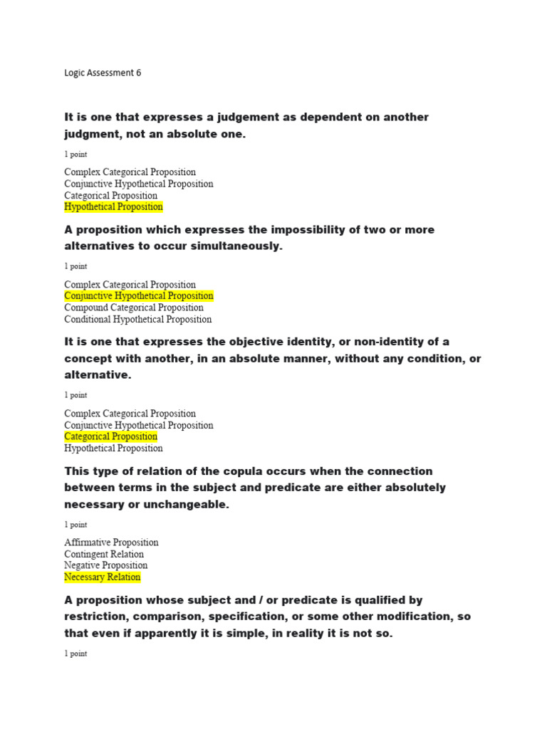Logic Assessment 6 | PDF | Proposition | Logic