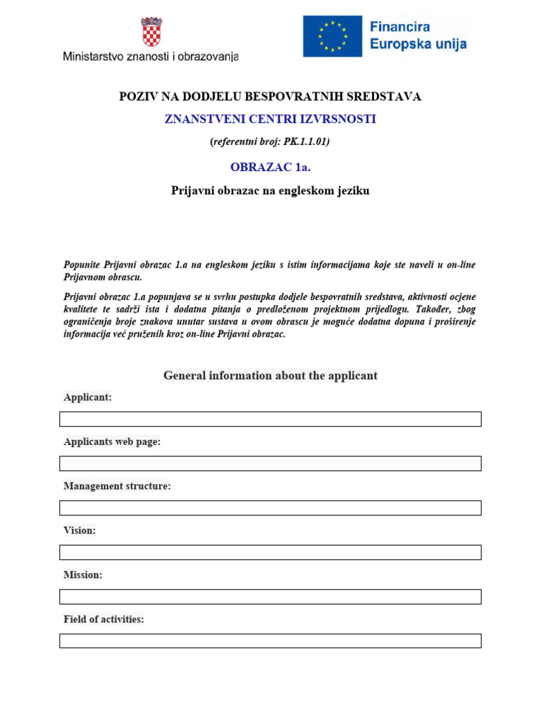 Obrazac 1.a Prijavni Obrazac Na Engleskom Jeziku | PDF | Innovation | Risk