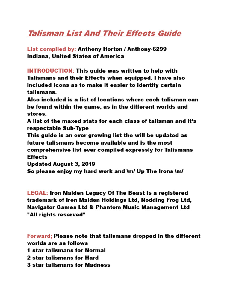 Talisman List and Their Effects Guide | PDF