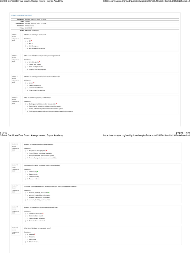 Back To 'Certificate Final Exam/': Incorrect 0.00 Points Out of 1.00 | PDF | Databases ...