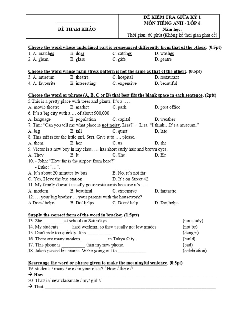 Đề Thi Anh 6-global-giữa học kỳ 1 | PDF