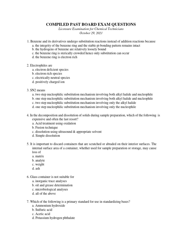 Compiled Past Board Exam Questions: Licensure Examination For Chemical ...