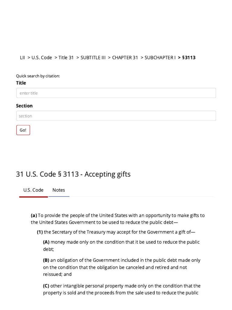31 U.S. Code 3113 - Accepting Gifts | Download Free PDF | United States ... 31 U.S. Code 3113 - Accepting Gifts | Download Free PDF | United States ...