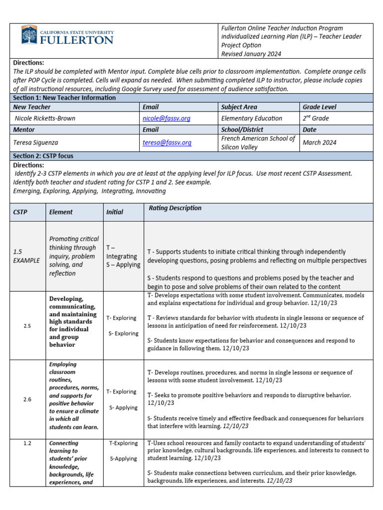 N Ricketts-Brown Ilp Form Spring 2024 | PDF | Teachers | Mentorship
