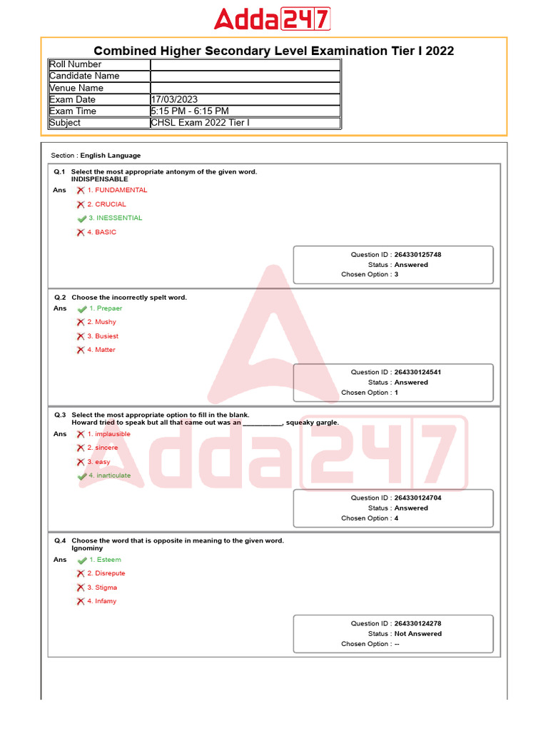SSC CHSL Question Paper 17 March 2023 Shift 4 | PDF | Question