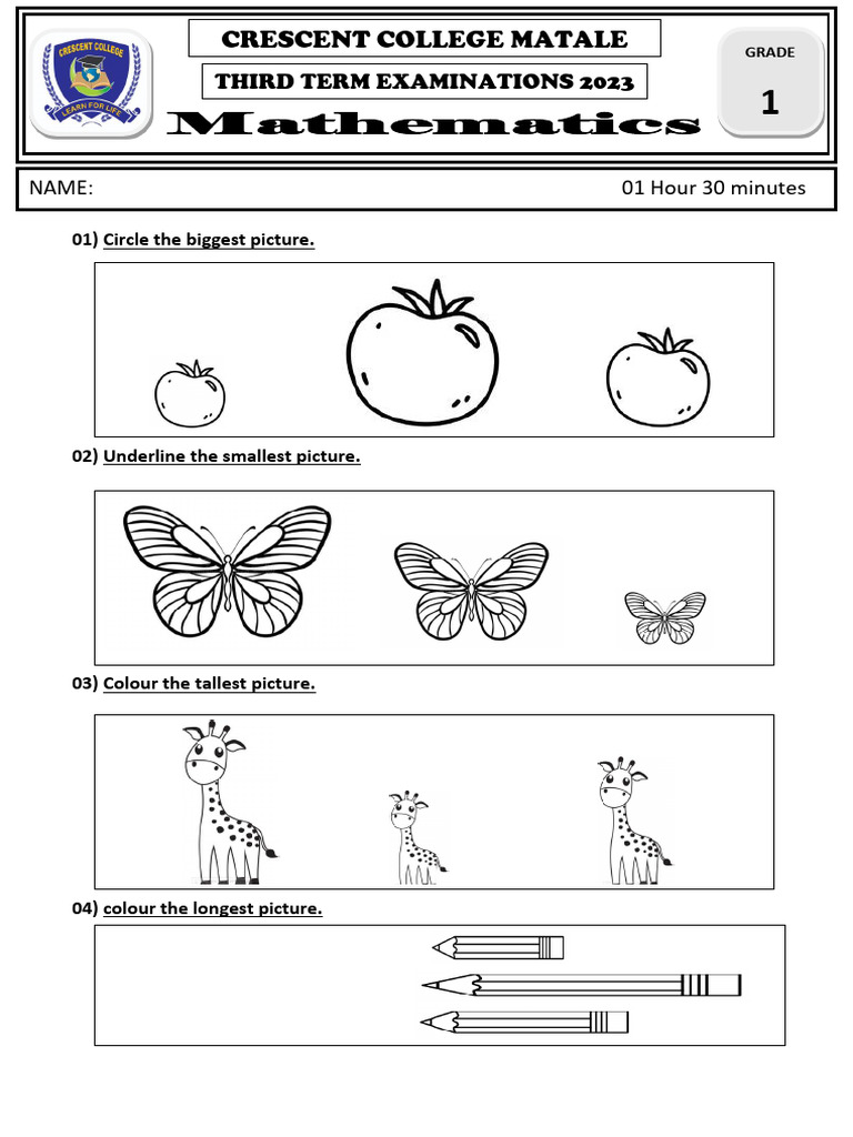 Grade 1 Maths Term 3 Exam Paper | PDF | Teaching Methods & Materials